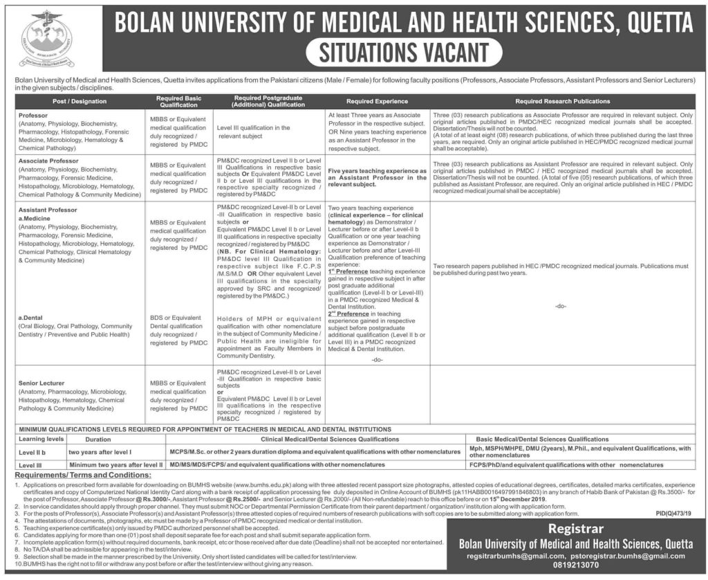 Bolan Medical University BUMHS Quetta Jobs 2019
