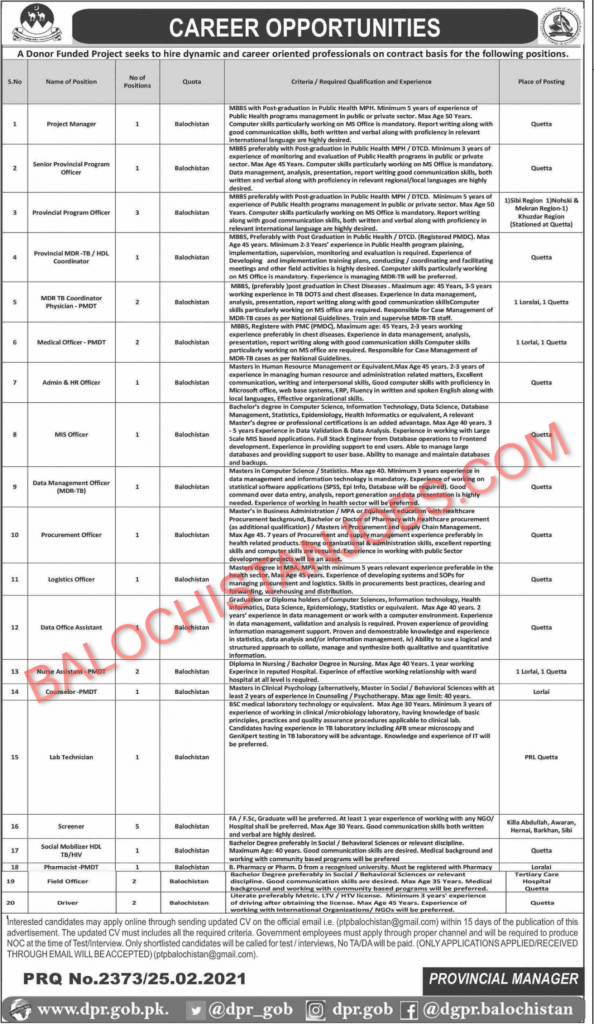 Provincial TB Control Programme Balochistan Jobs 2021 - Balochistan ...