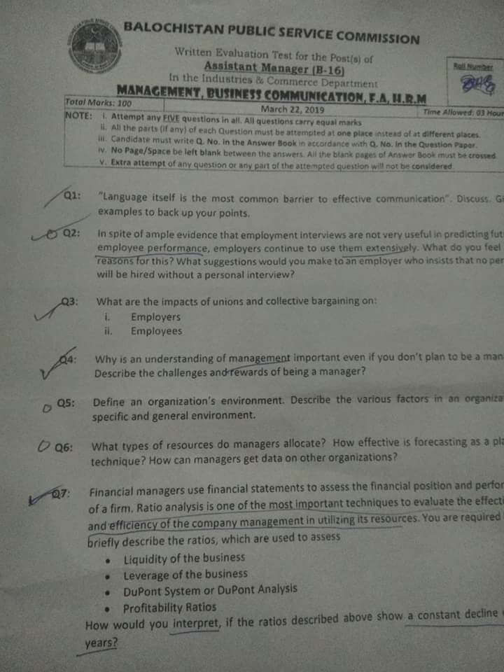 BPSC Assistant Manager Past Papers - Balochistan Jobs Alert