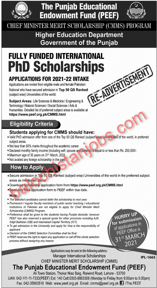 PEEF CMMS PHD MERIT SCHOLARSHIPS 2021-22 - Balochistan Jobs Alert PEEF CMMS PHD MERIT SCHOLARSHIPS 2021-22 - Balochistan Jobs Alert