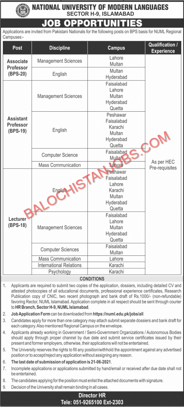 National University Of Modern Language NUML Quetta Campus Jobs 2021 ...