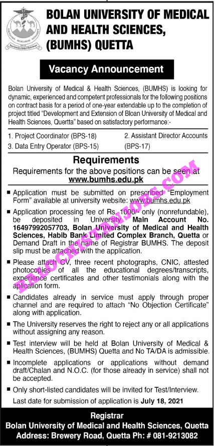 BUMHS Quetta Jobs 2021 - Bolan Medical University Jobs - Balochistan ...