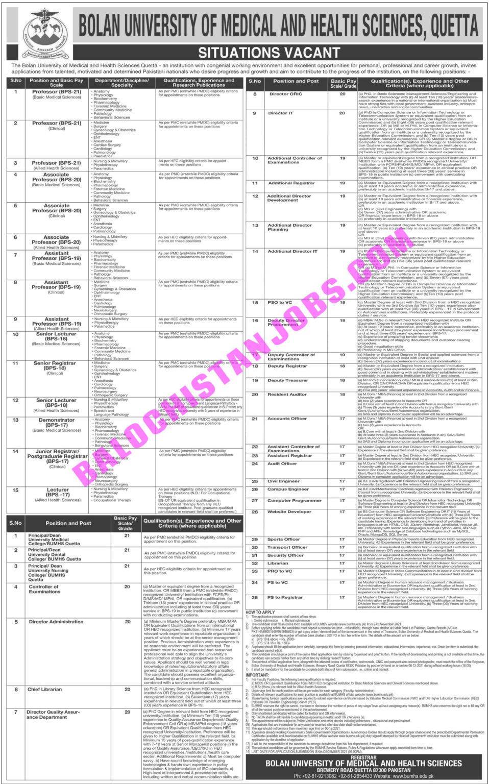 Bolan University Of Medical And Health Sciences BUMHS Quetta Jobs 2021 ...